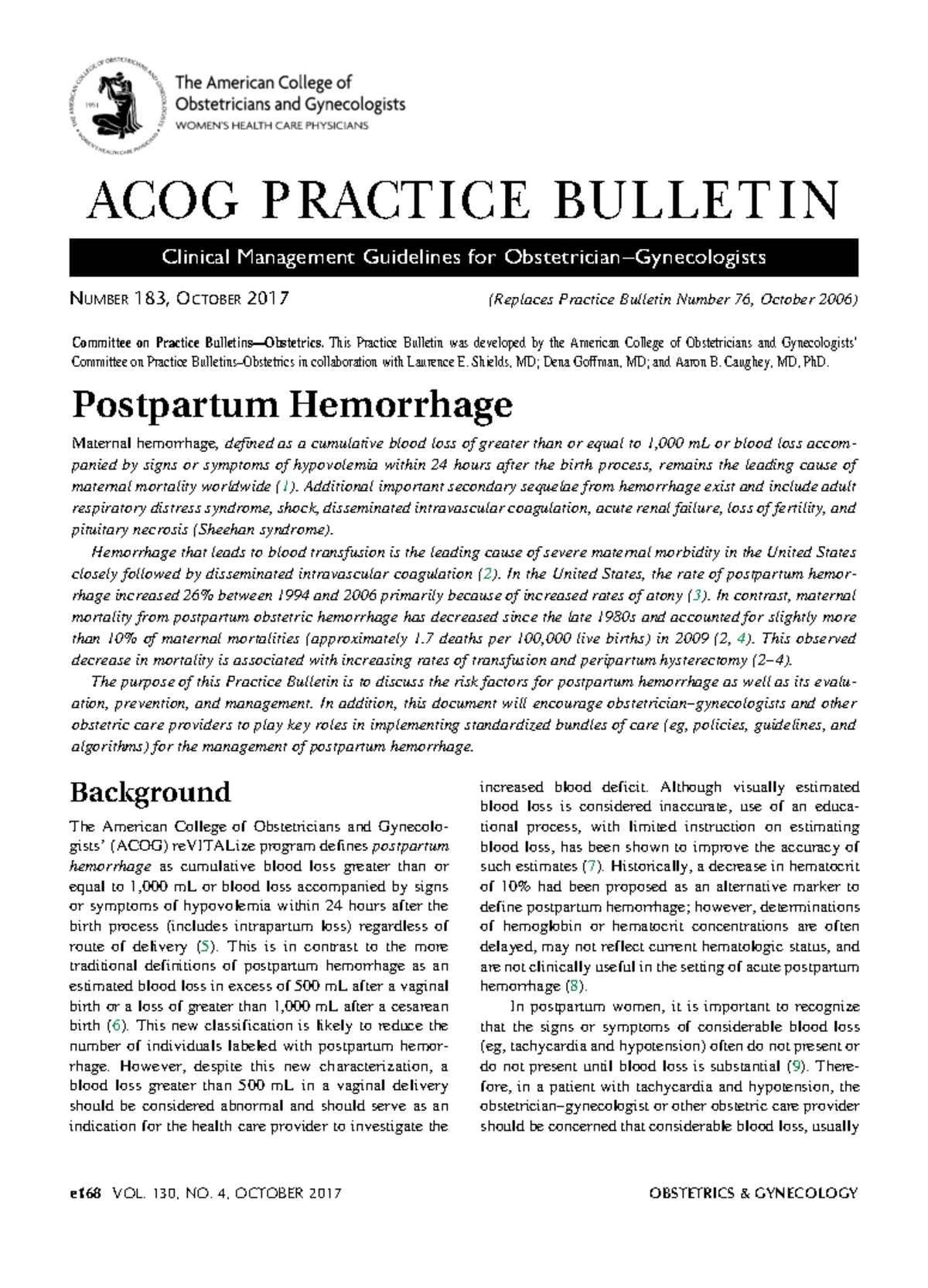 ACOG Practice Bulletin No 183 Postpartum-Hemorrhage-2017 - e168 VOL ...