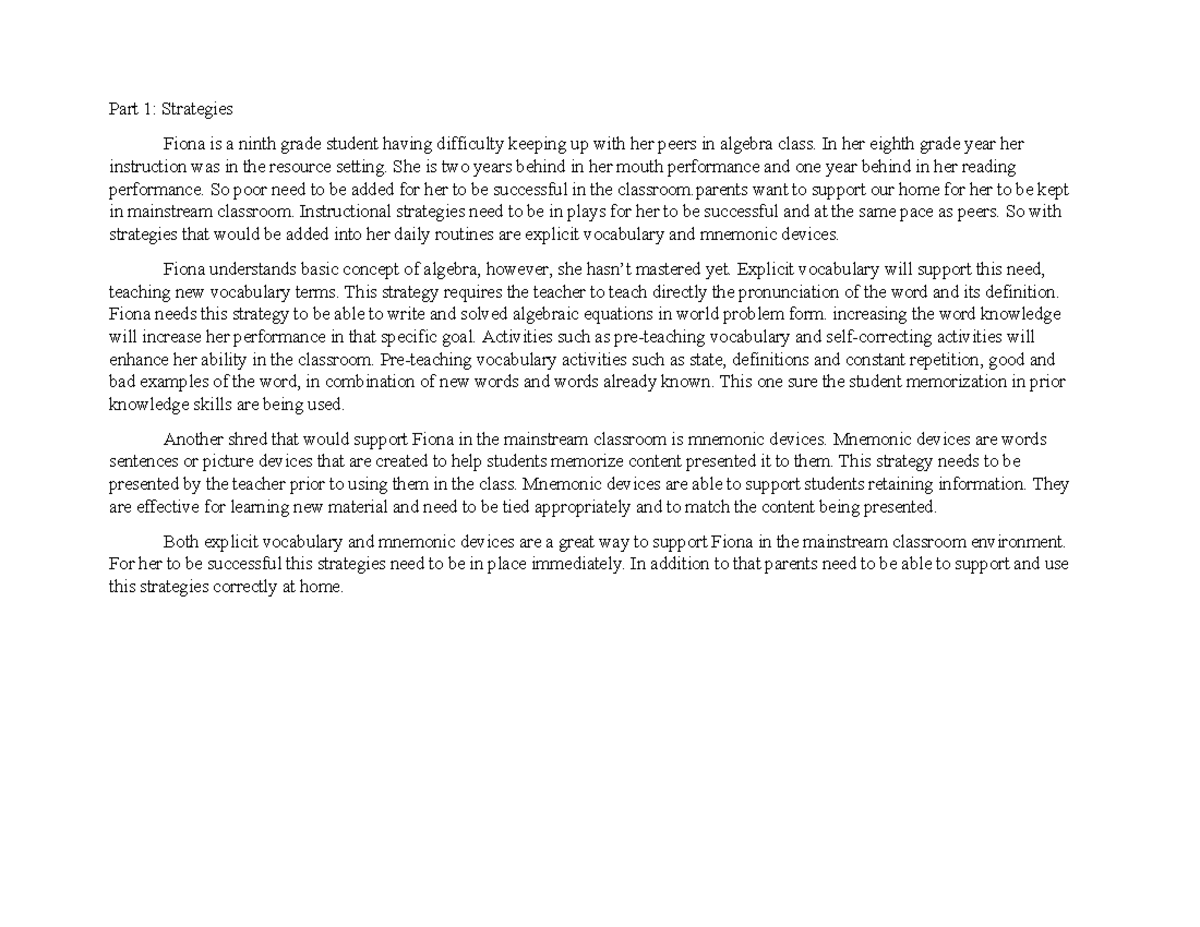 3 Day Unit copy - Unit of three days - Part 1: Strategies Fiona is a ...