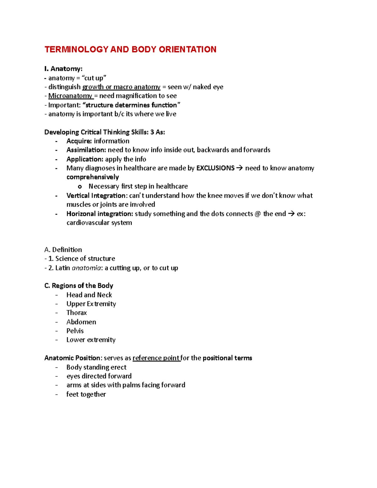 Anatomy Exam 1 Study guide - TERMINOLOGY AND BODY ORIENTATION I ...