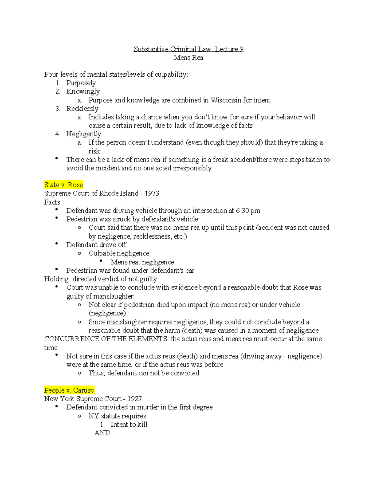 Substantive Criminal Law- Lecture 9 - Purposely 2. Knowingly a. Purpose ...