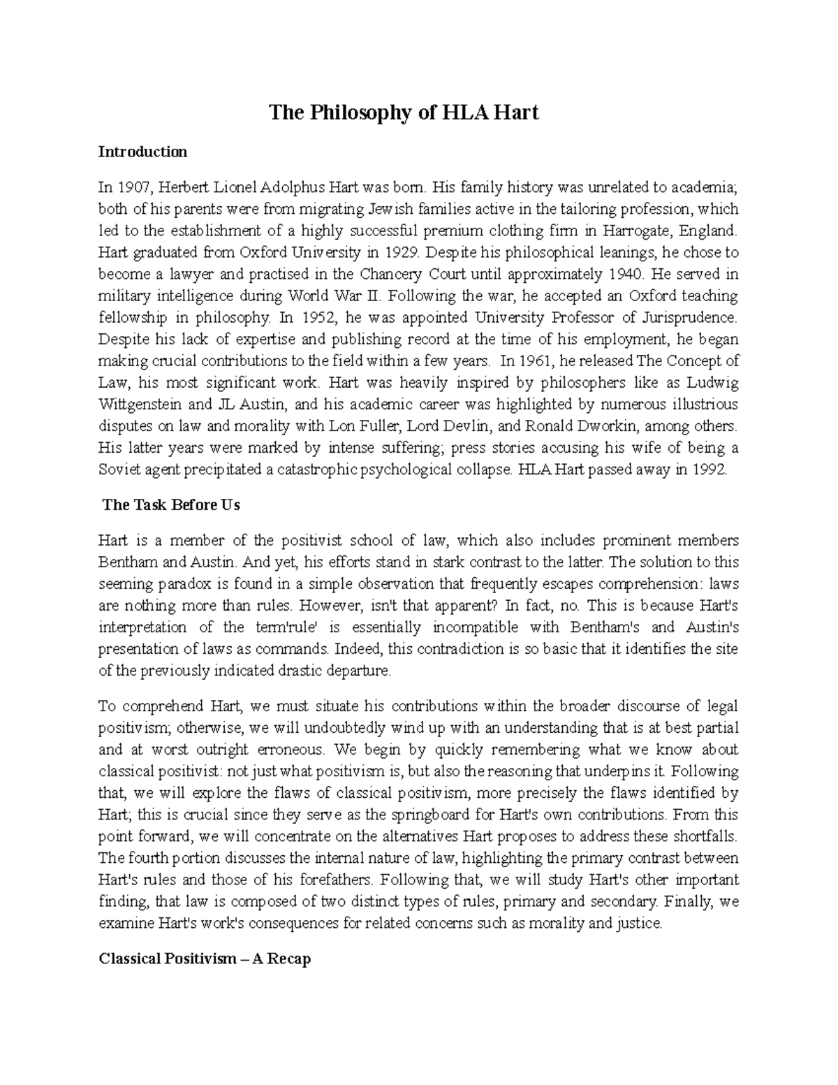 The Philosophy of HLA Hart - The Philosophy of HLA Hart Introduction In ...