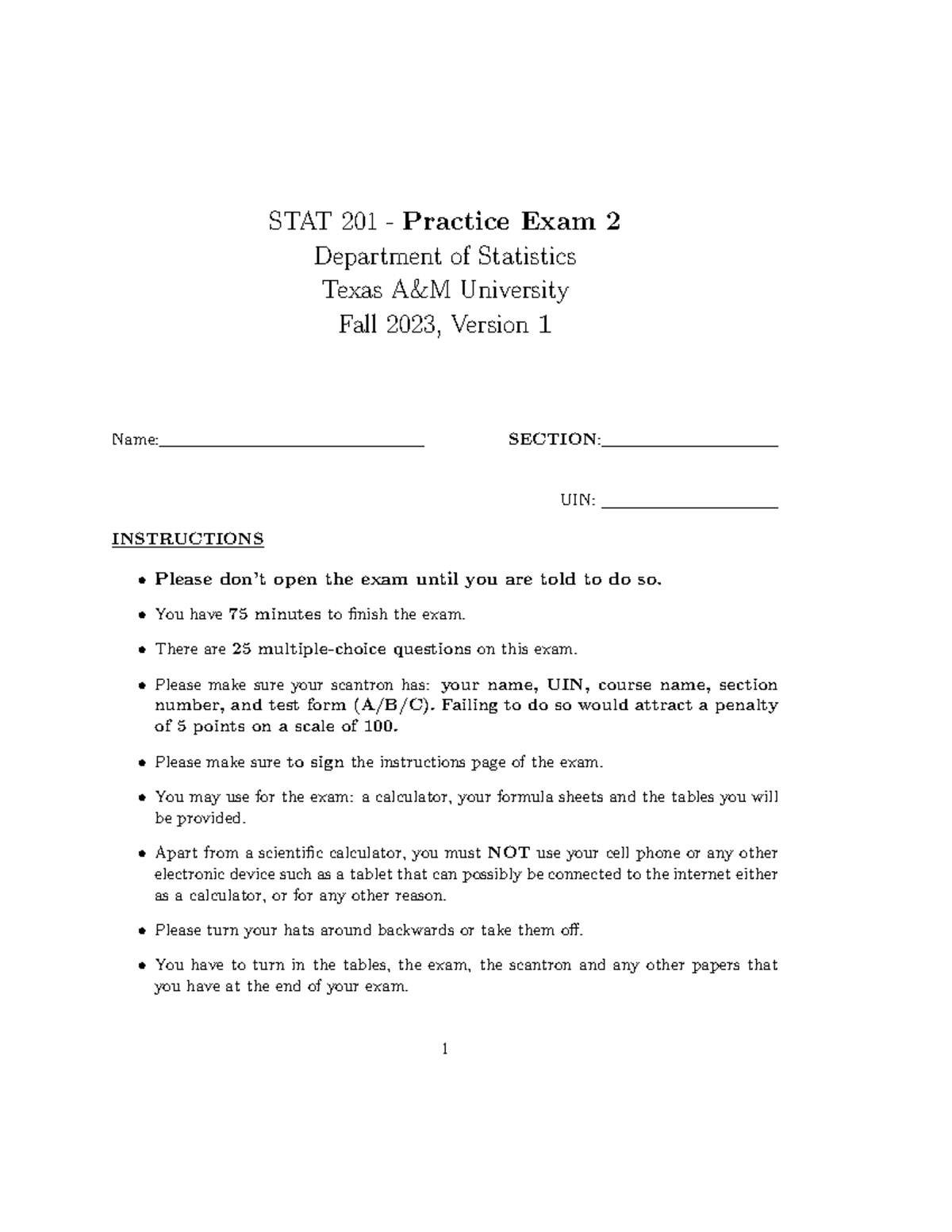 Fall23 Stat 201 Practice Problems Exam 2 Version 1 - STAT 201 - Practice Exam 2 Department of ...