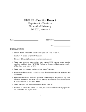 Fall23 Stat 201 Practice Problems Exam 2 Version 2 - STAT 201 - Practice Exam 2 Department of ...