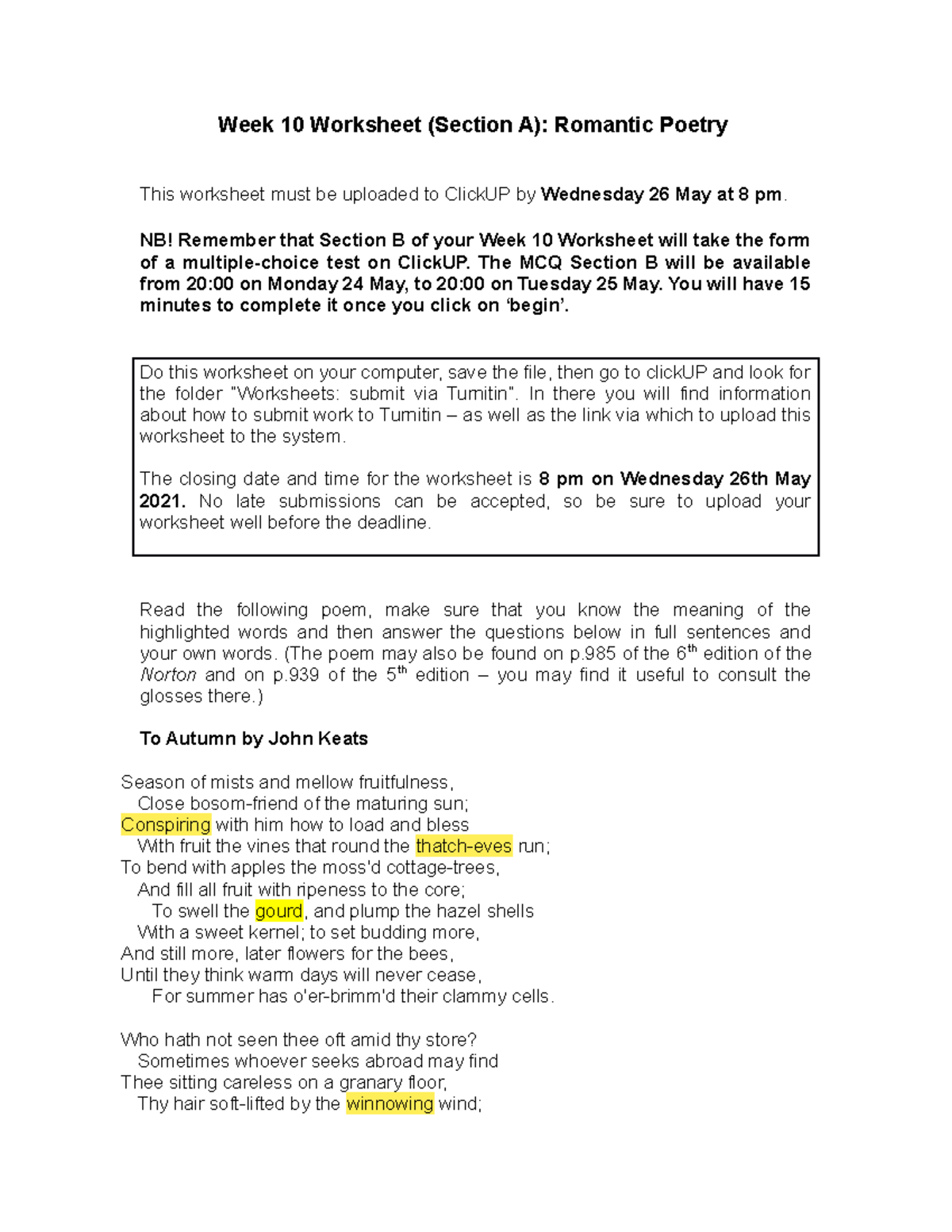 110 Romantic Poetry Practical Worksheet 2021 - Week 10 Worksheet ...