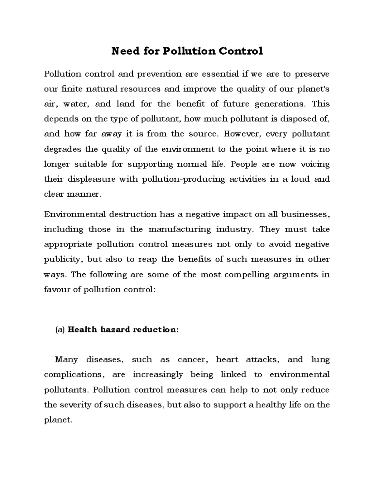 Need for Pollution Control - Need for Pollution Control Pollution ...