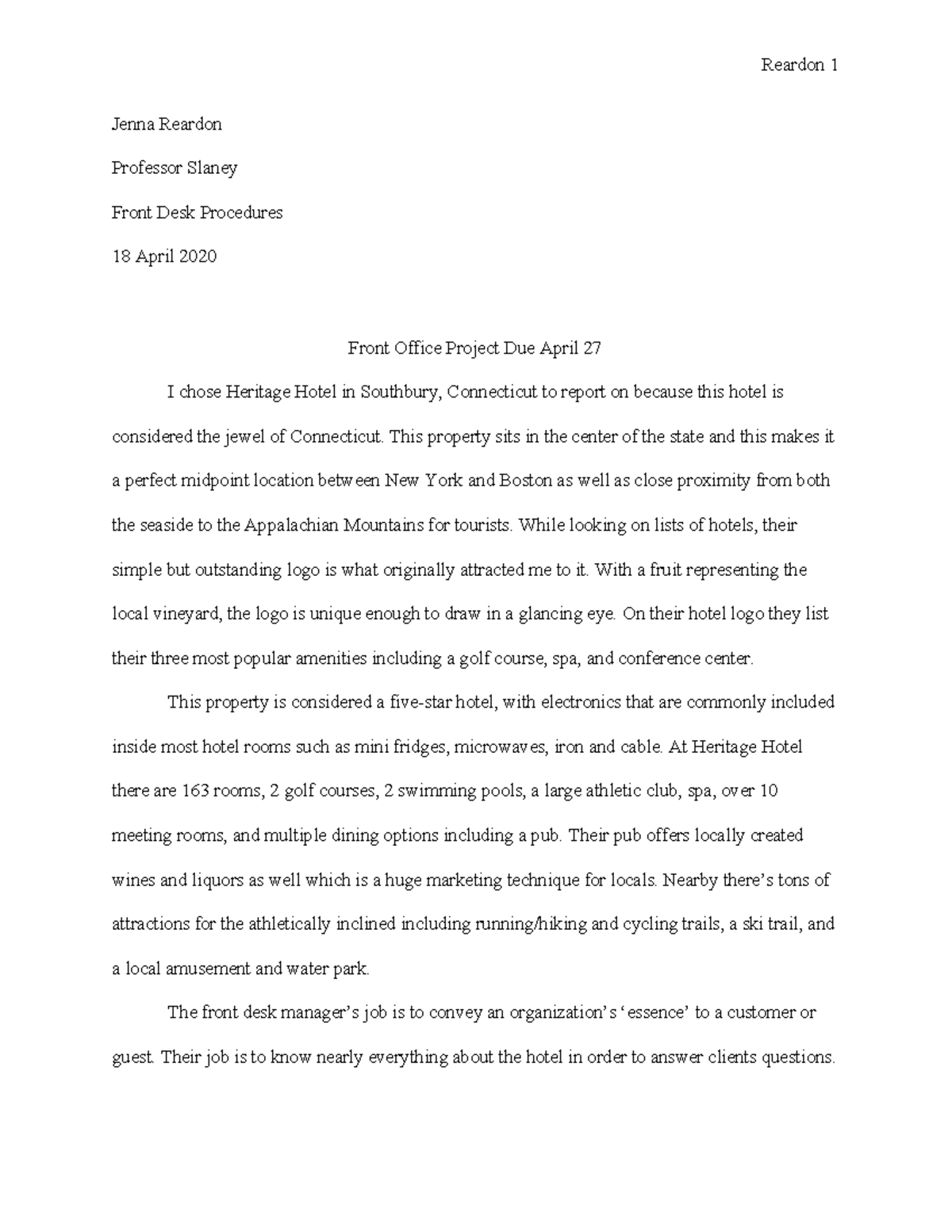 Front Office Project HFT-1410-36980 - Jenna Reardon Professor Slaney ...