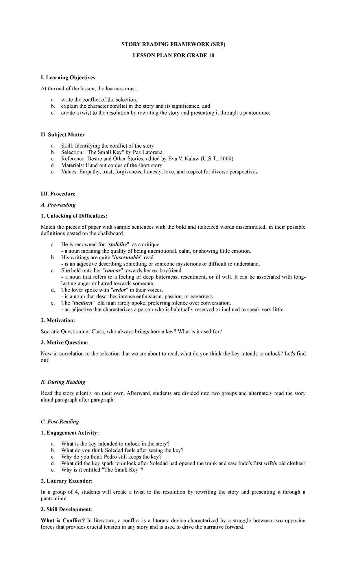 Story Reading Framework - STORY READING FRAMEWORK (SRF) LESSON PLAN FOR ...