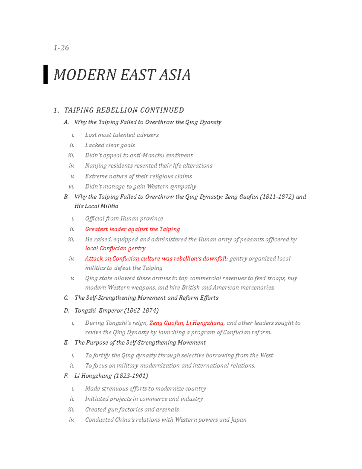 Modern East Asia Notes - 1- MODERN EAST ASIA 1. TAIPING REBELLION ...