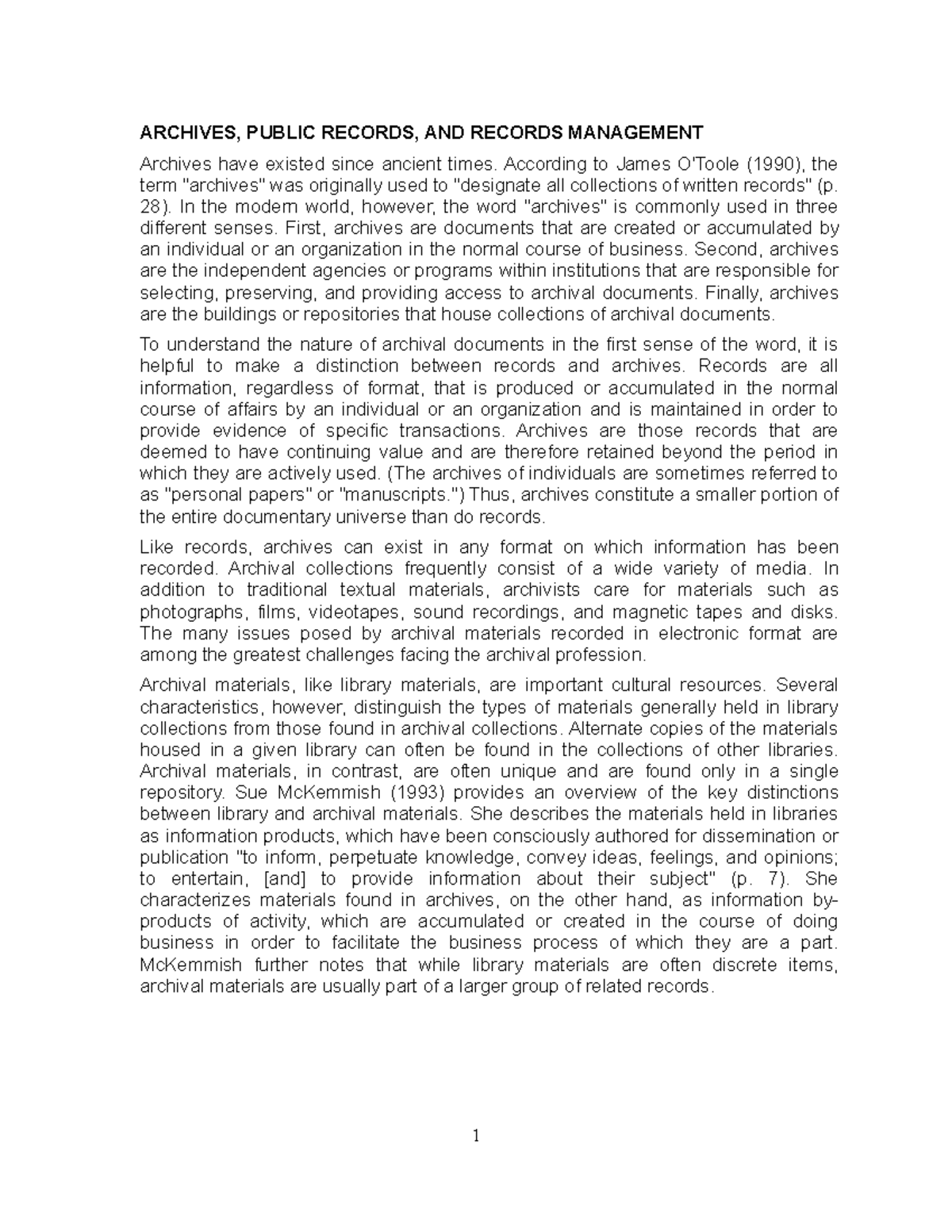 Archives and records management notes - ARCHIVES, PUBLIC RECORDS, AND ...