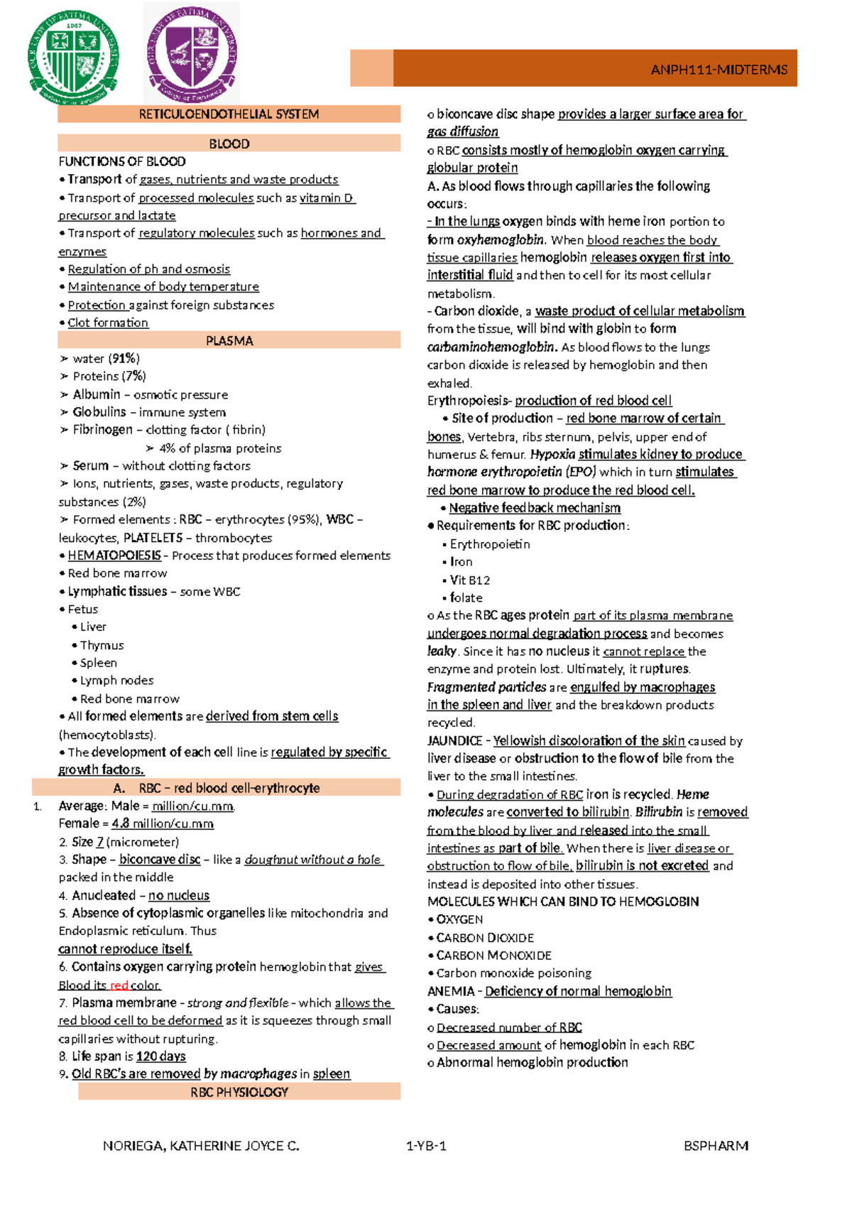 ANPH111- Midterms - anaphy notes - RETICULOENDOTHELIAL SYSTEM BLOOD ...