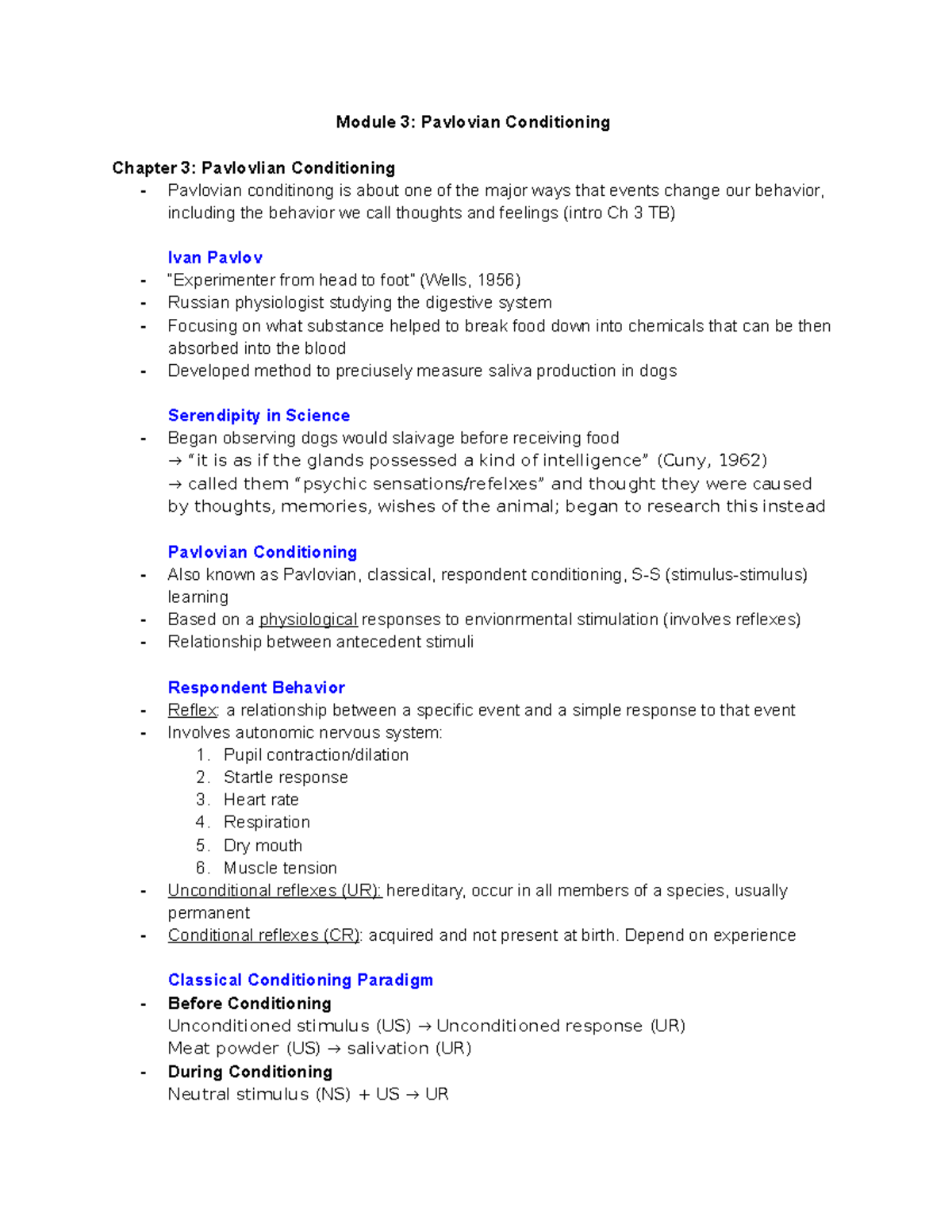 Module 3 Lecture Notes - Module 3: Pavlovian Conditioning Chapter 3 ...