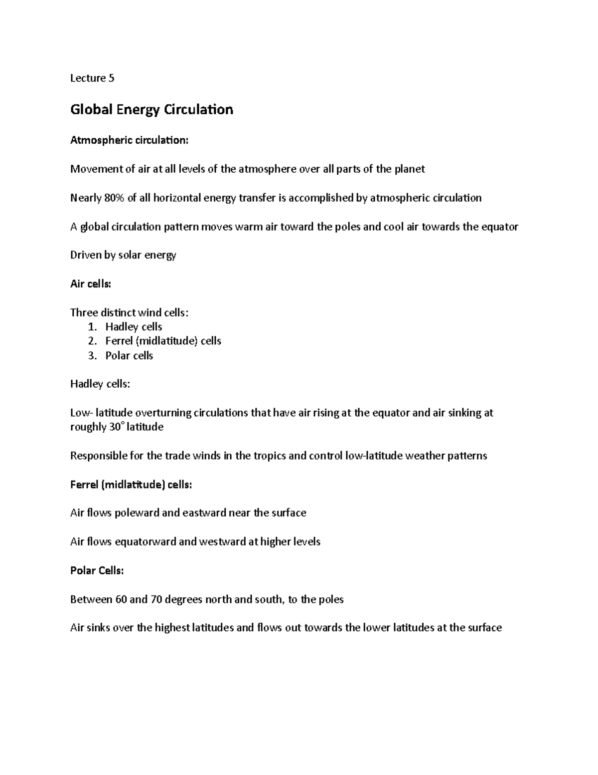 Lecture 5 - Lecture 5 Global Energy Circulation Atmospheric circulation ...