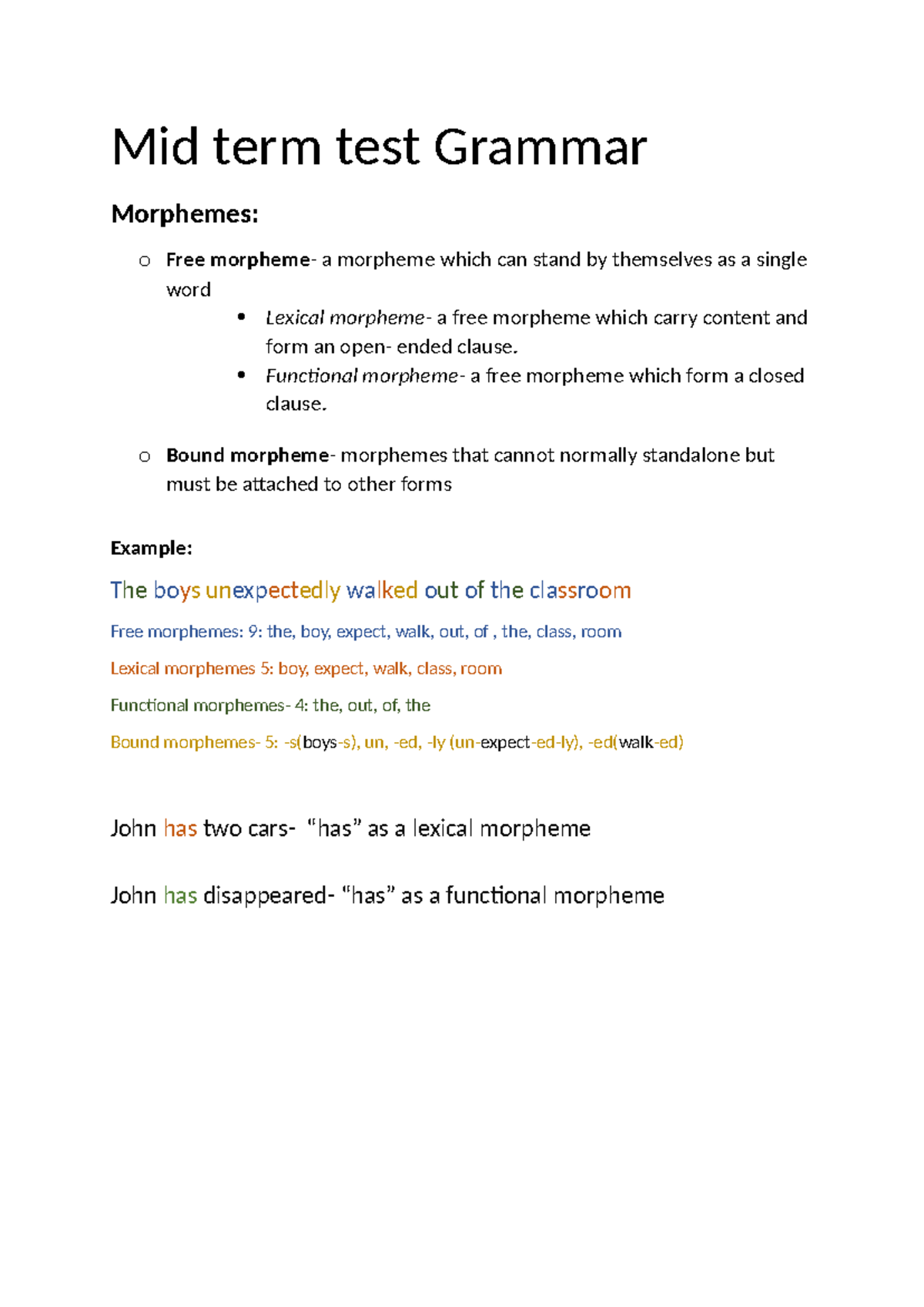 Grammmar midterm test - notes for the first mid term test on the first ...