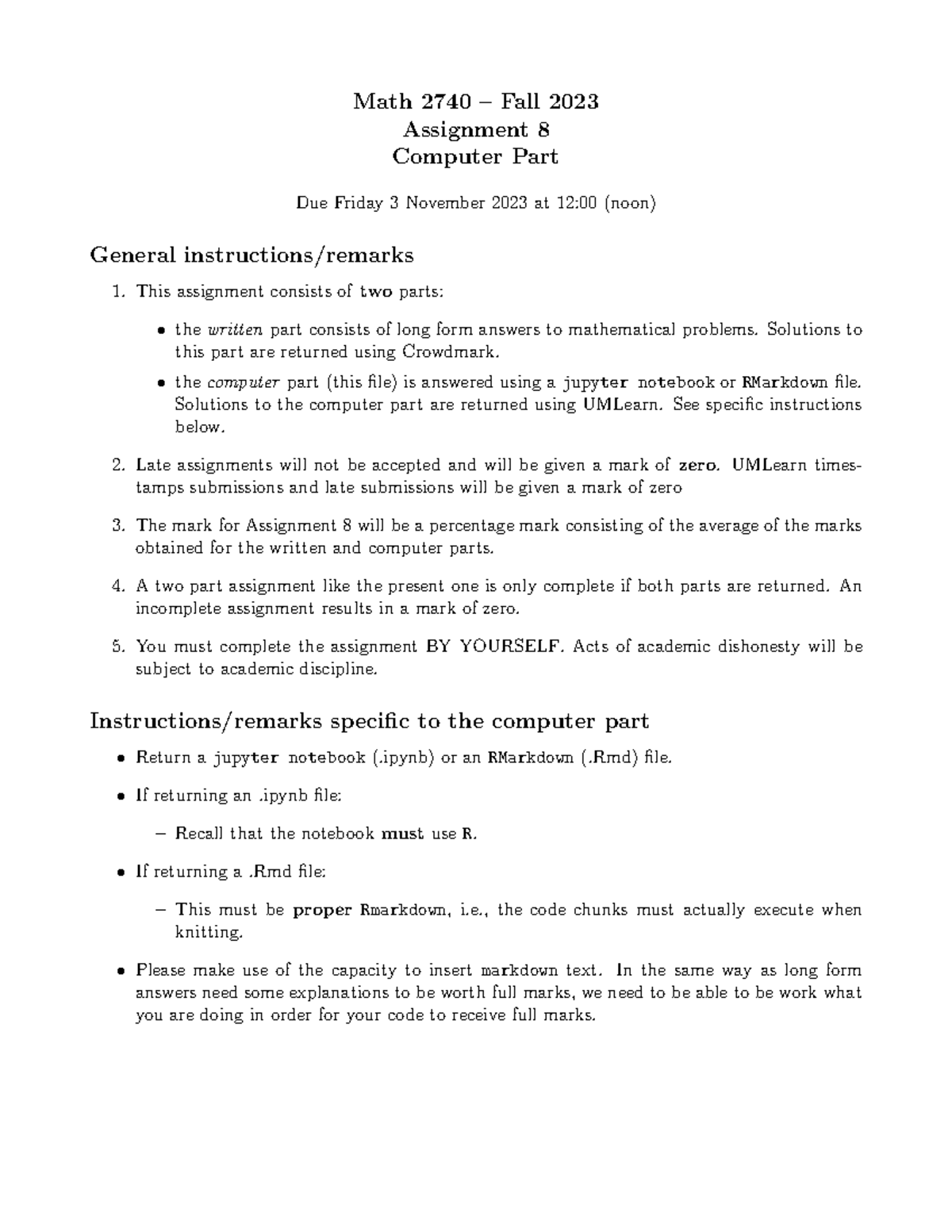 MATH2740-Assignment 08 computer - Math 2740 – Fall 2023 Assignment 8 ...