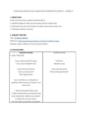 A Detailed Lesson PLAN IN Media AND Information Literacy IN Grade 11 ...