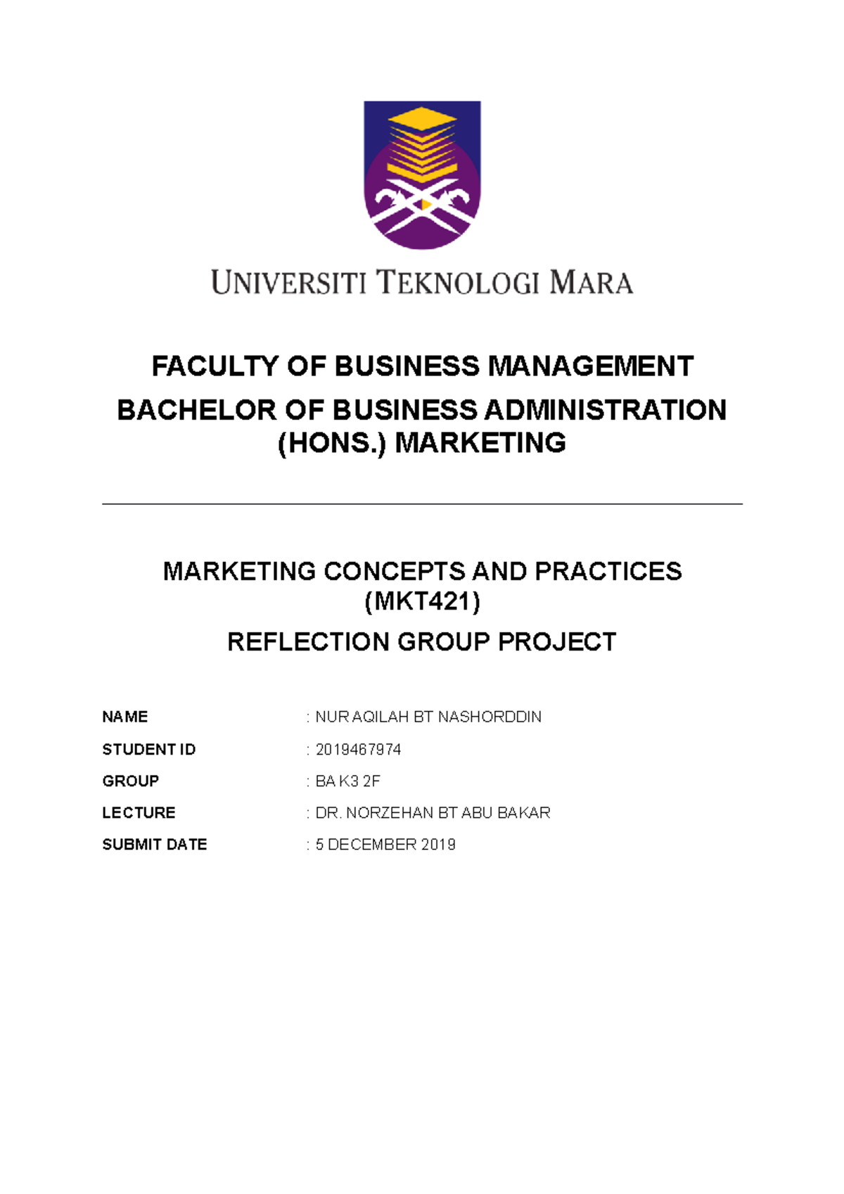 Reflection - FACULTY OF BUSINESS MANAGEMENT BACHELOR OF BUSINESS ...