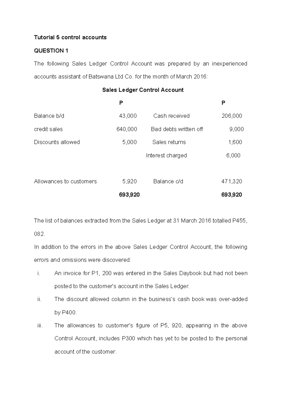 Tutorial 9 10 control accounts corrected - Tutorial 5 control accounts ...