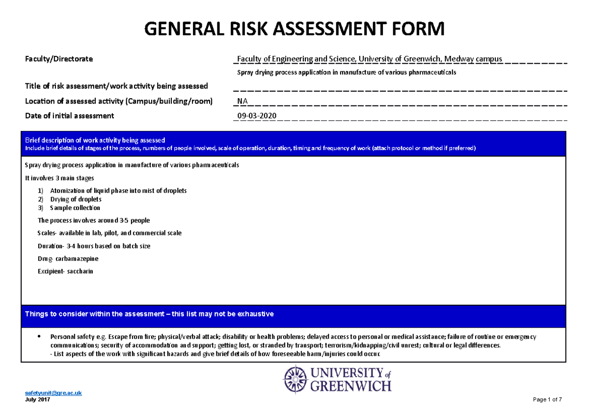 Risk-Assessment-Form- hari - GENERAL RISK ASSESSMENT FORM Faculty ...