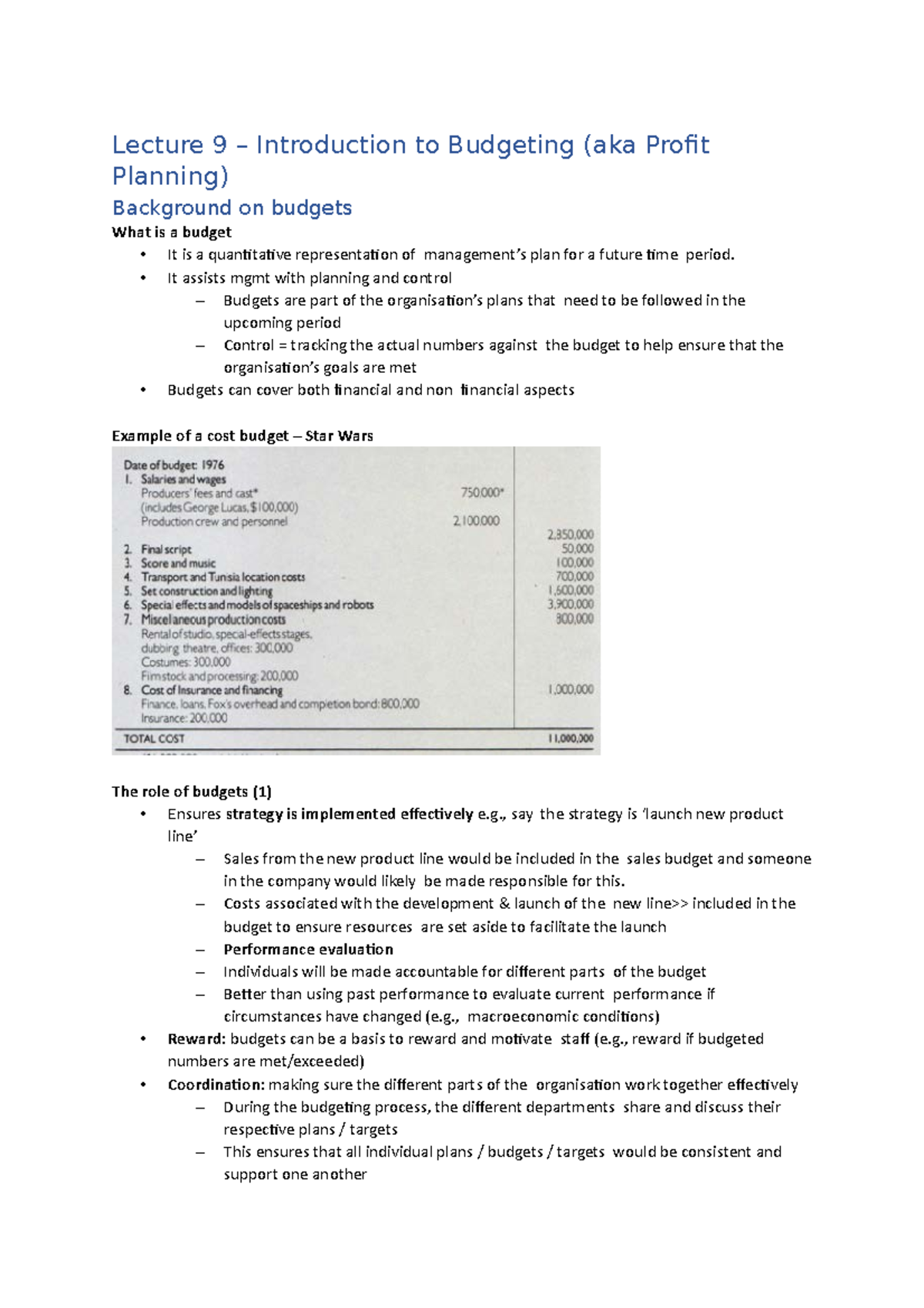 Lecture 9 - Lecture 9 – Introduction to Budgeting (aka Proit Planning ...