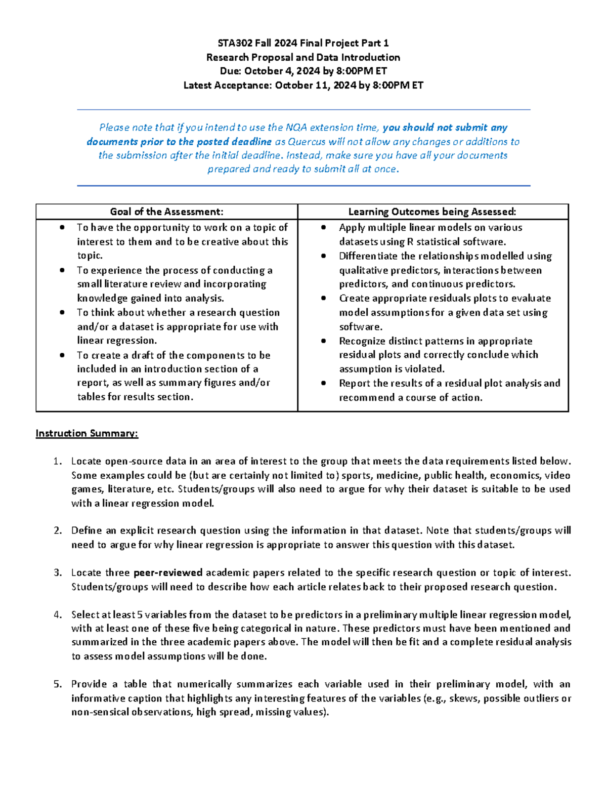 Final Project Part 1 Instructions - STA302 Fall 2024 Final Project Part ...