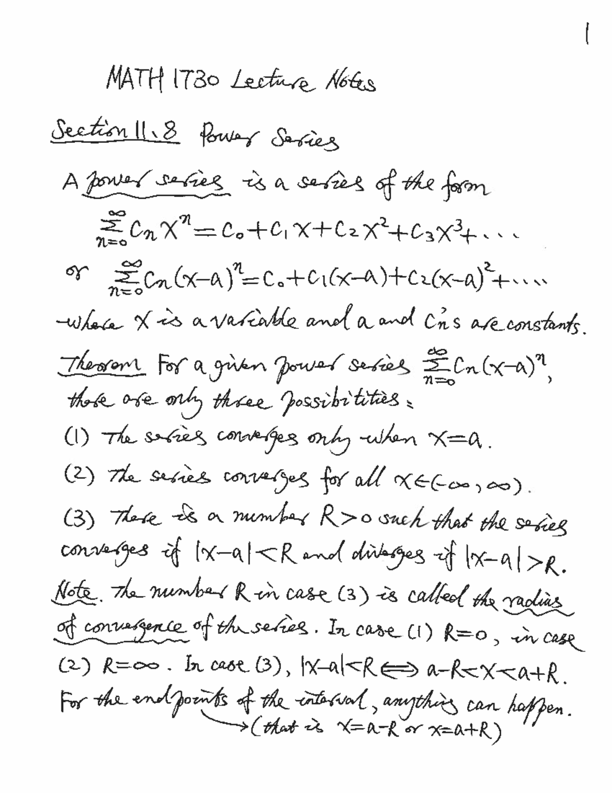 Notes11 Lecture Notes 1 Math 1730 Lecture Notes Section 11 Power Series A Power Series Is A 5648