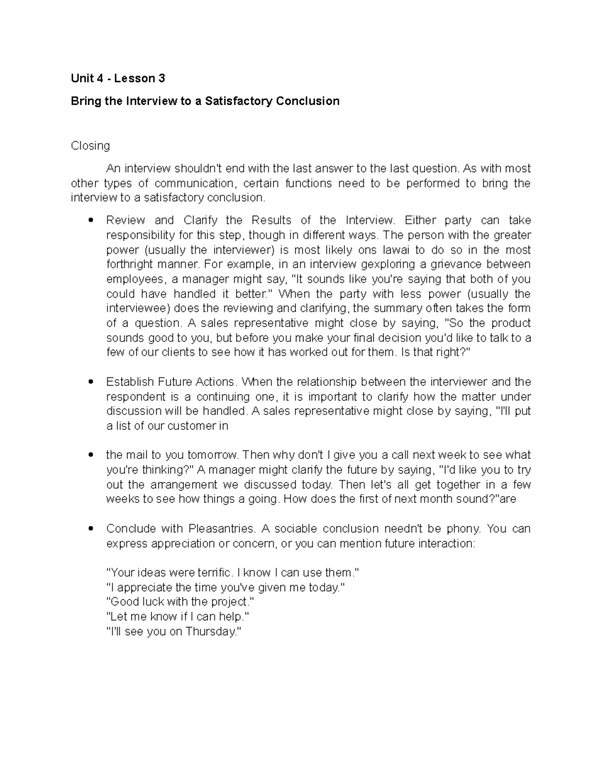 Bring the Interview to a Satisfactory Conclusion - Unit 4 - Lesson 3 ...