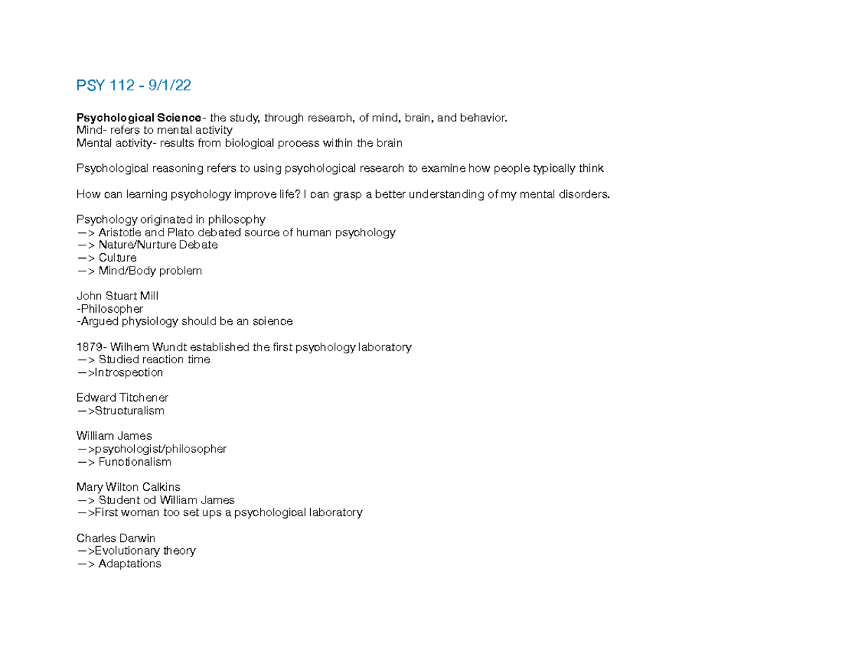 PSY 112 - PSY 112 lecture notes - PSY 112 - 9/1/ Psychological Science ...