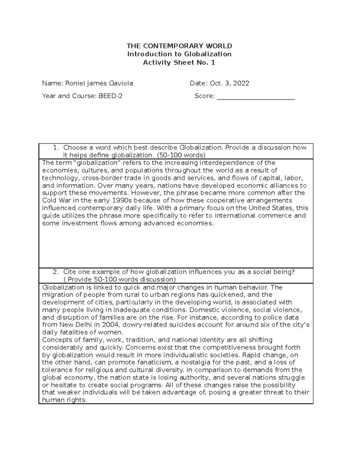 TCW-Gaviola- Roniel James N2) - THE CONTEMPORARY WORLD Introduction to ...