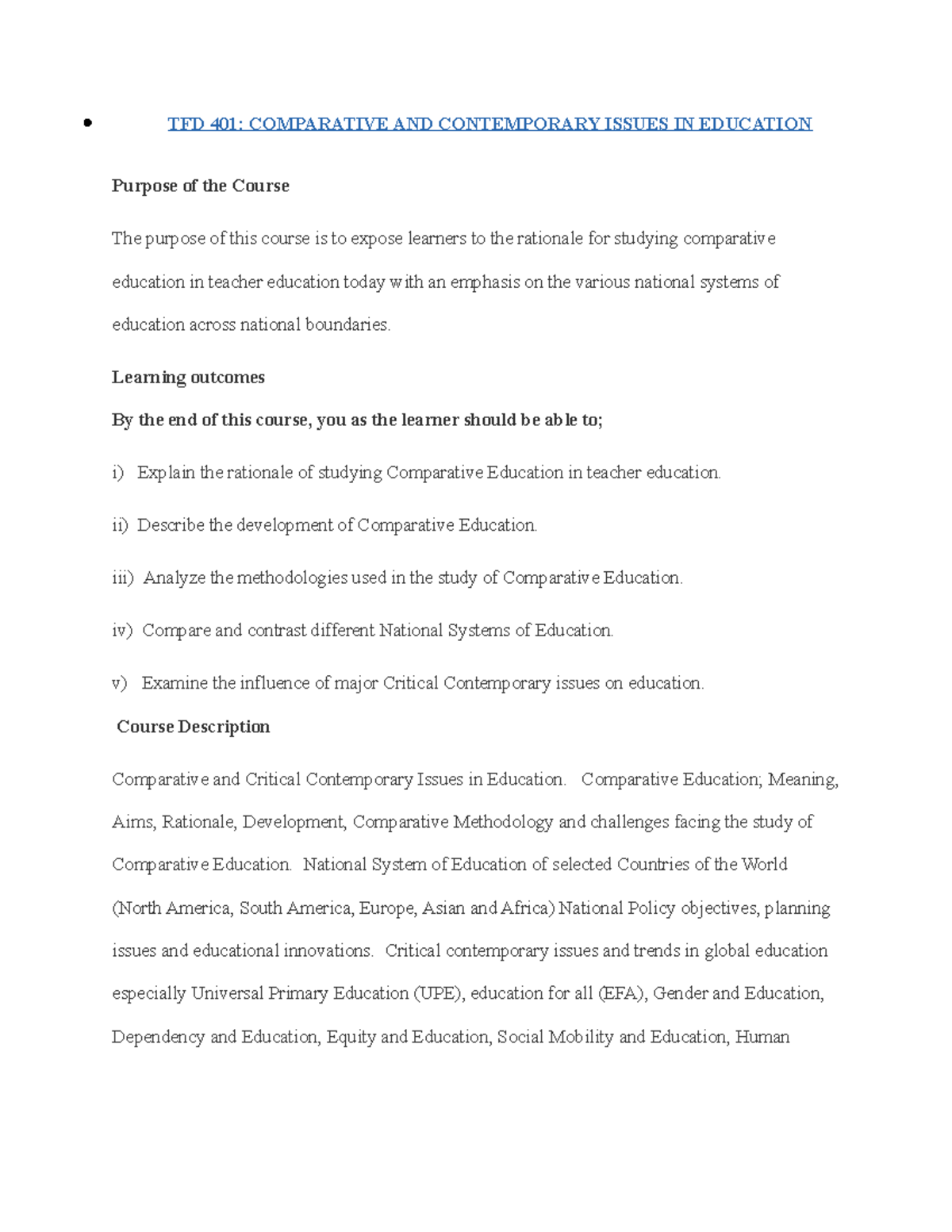 comparative education - TFD 401: COMPARATIVE AND CONTEMPORARY ISSUES IN ...