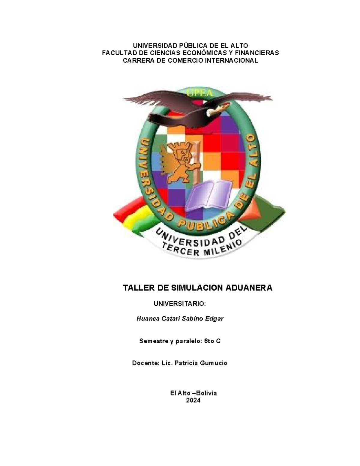 Caratula de UPEA - UNIVERSIDAD PÚBLICA DE EL ALTO FACULTAD DE CIENCIAS ...