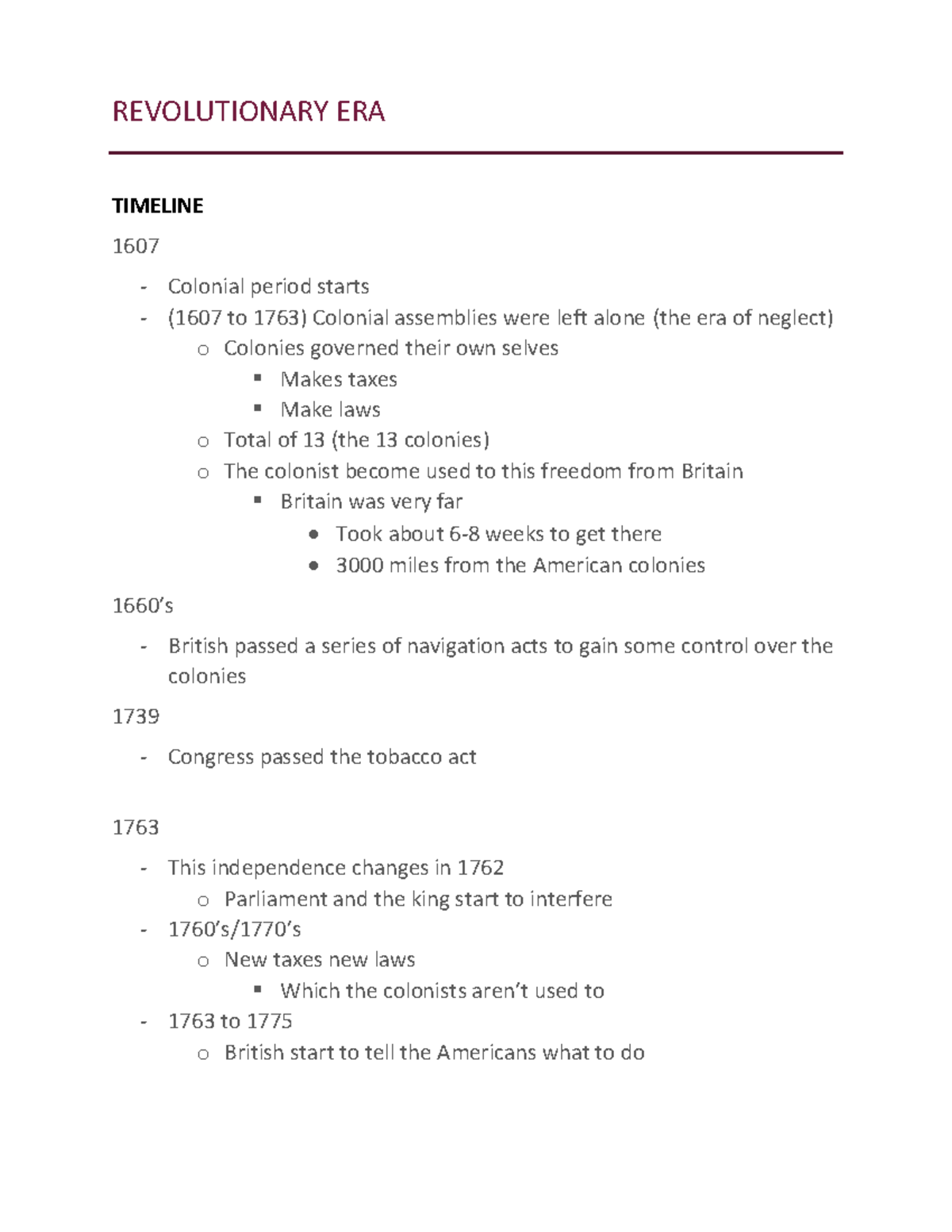 DE. American - REVOLUTIONARY ERA TIMELINE 1607 Colonial period starts ...