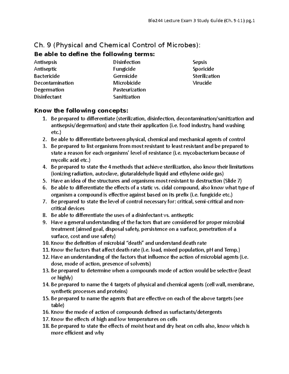 Ch. 9 (Physical and Chemical Control) Study Guide - Bio244 Lecture Exam ...