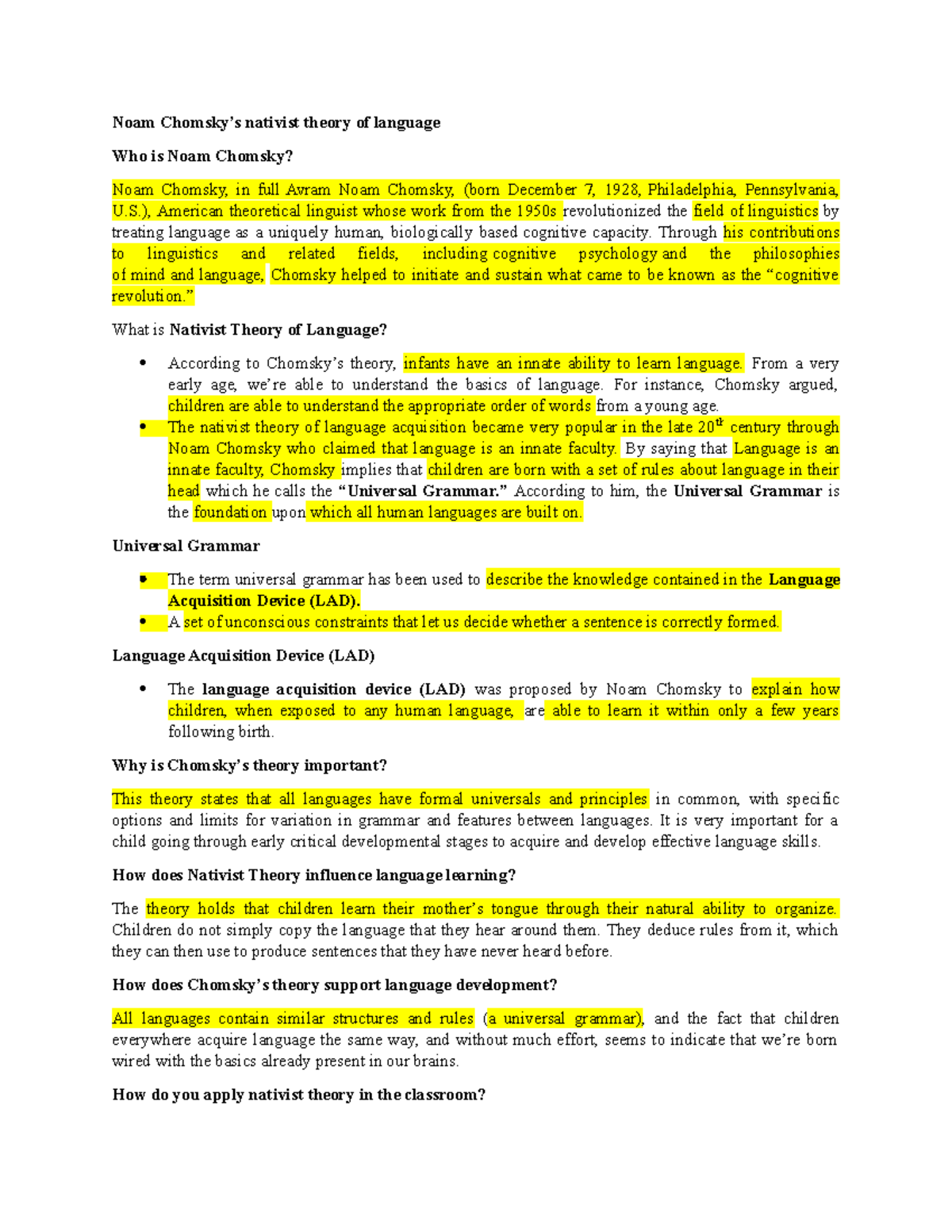 Reviewer CAD Midterm - Noam Chomsky’s nativist theory of language Who ...