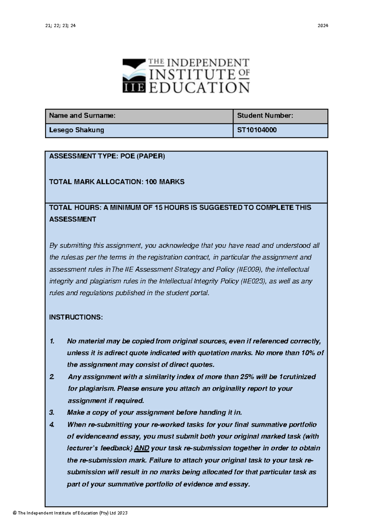 ENFL6111 POE 2 - © The Independent Institute of Education (Pty) Ltd 2024 Page 1 of 7 Name and ...