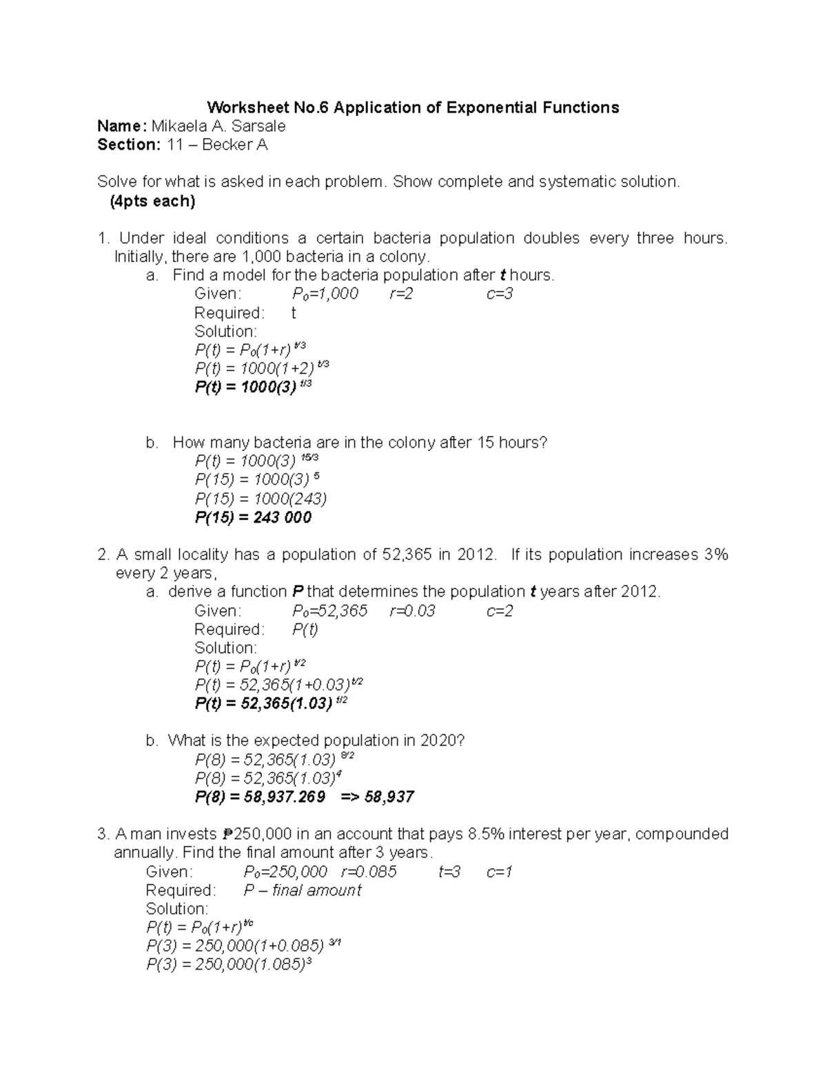 Worksheet No.6 Application of Exponential Functions - Sarsale Section ...