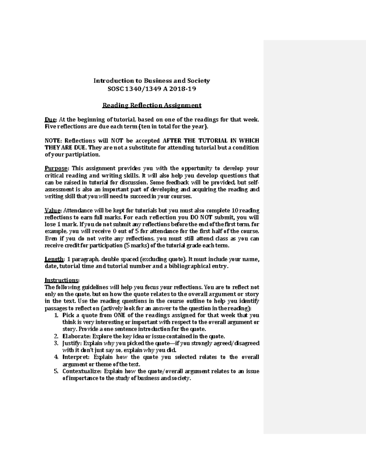SOSC 1340 Reading Reflection Assignment Instructions 2018-19 - Introduction to Business and ...