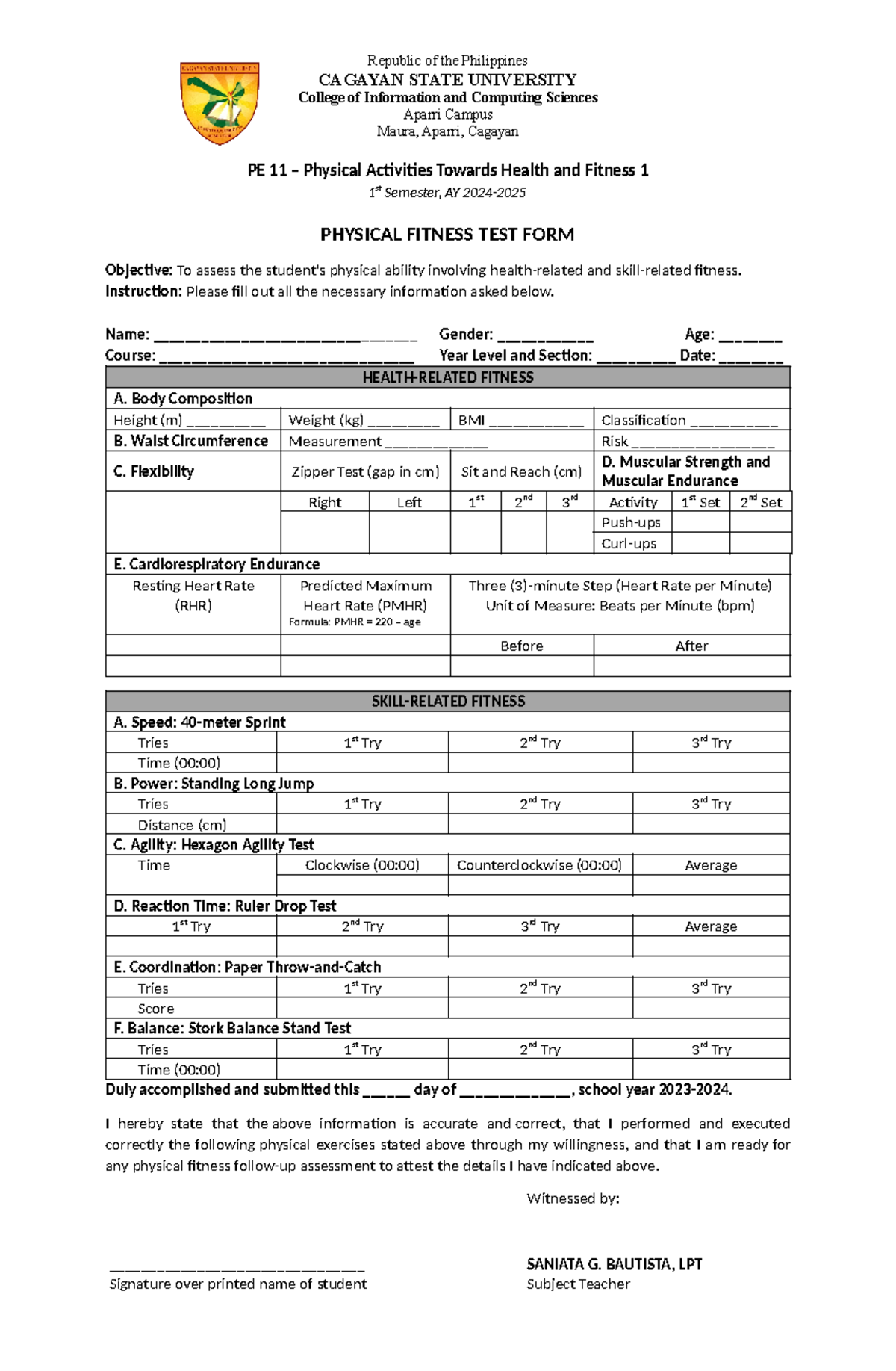 Physical Fitness Test Form - Republic of the Philippines CAGAYAN STATE ...