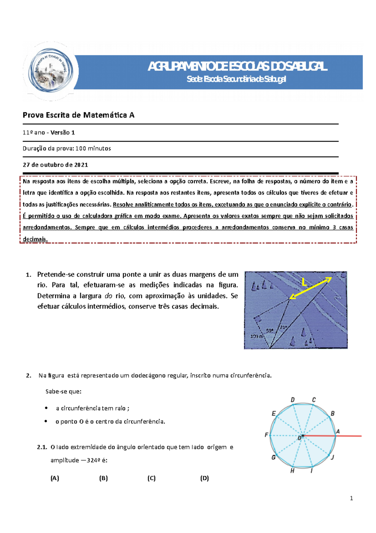 Teste 1 11ano 27 10 2021 - L Prova Escrita de Matemática A 11º ano ...