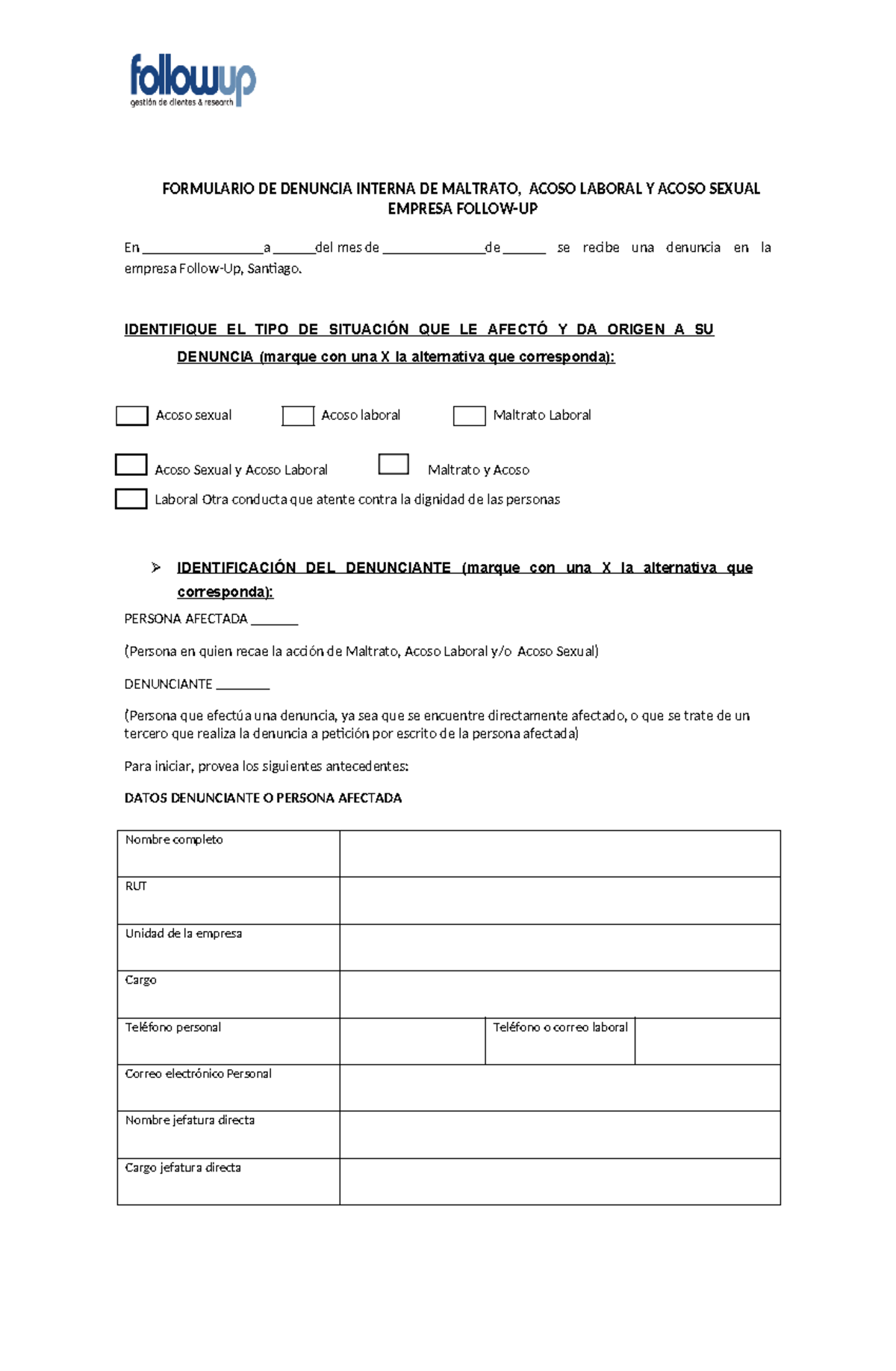 Formulario Denuncia Interna Acoso Laboral, Maltrato Laboral, Acoso ...