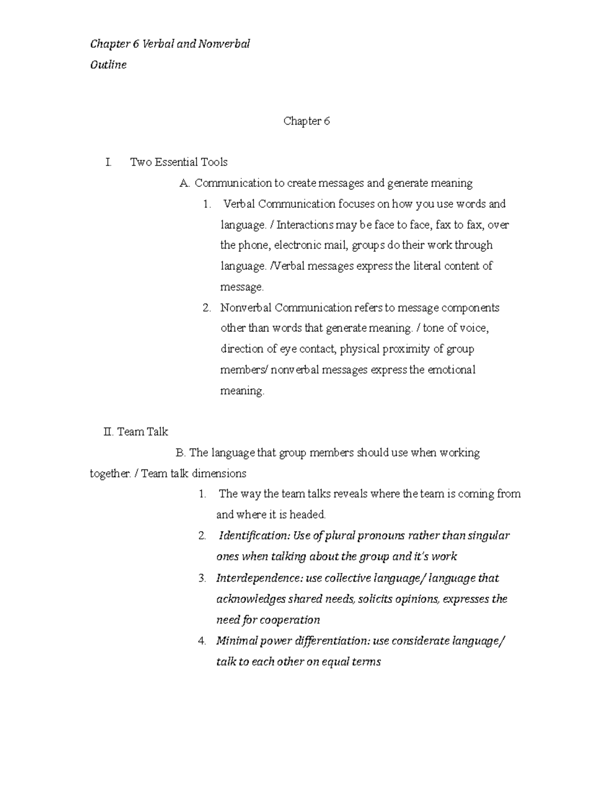 Chapter 6 Outline - Chapter 6 Verbal and Nonverbal Outline Chapter 6 I ...