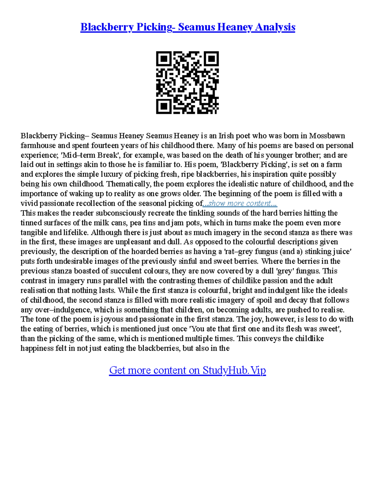 Blackberry Picking Essay - Blackberry Picking- Seamus Heaney Analysis ...
