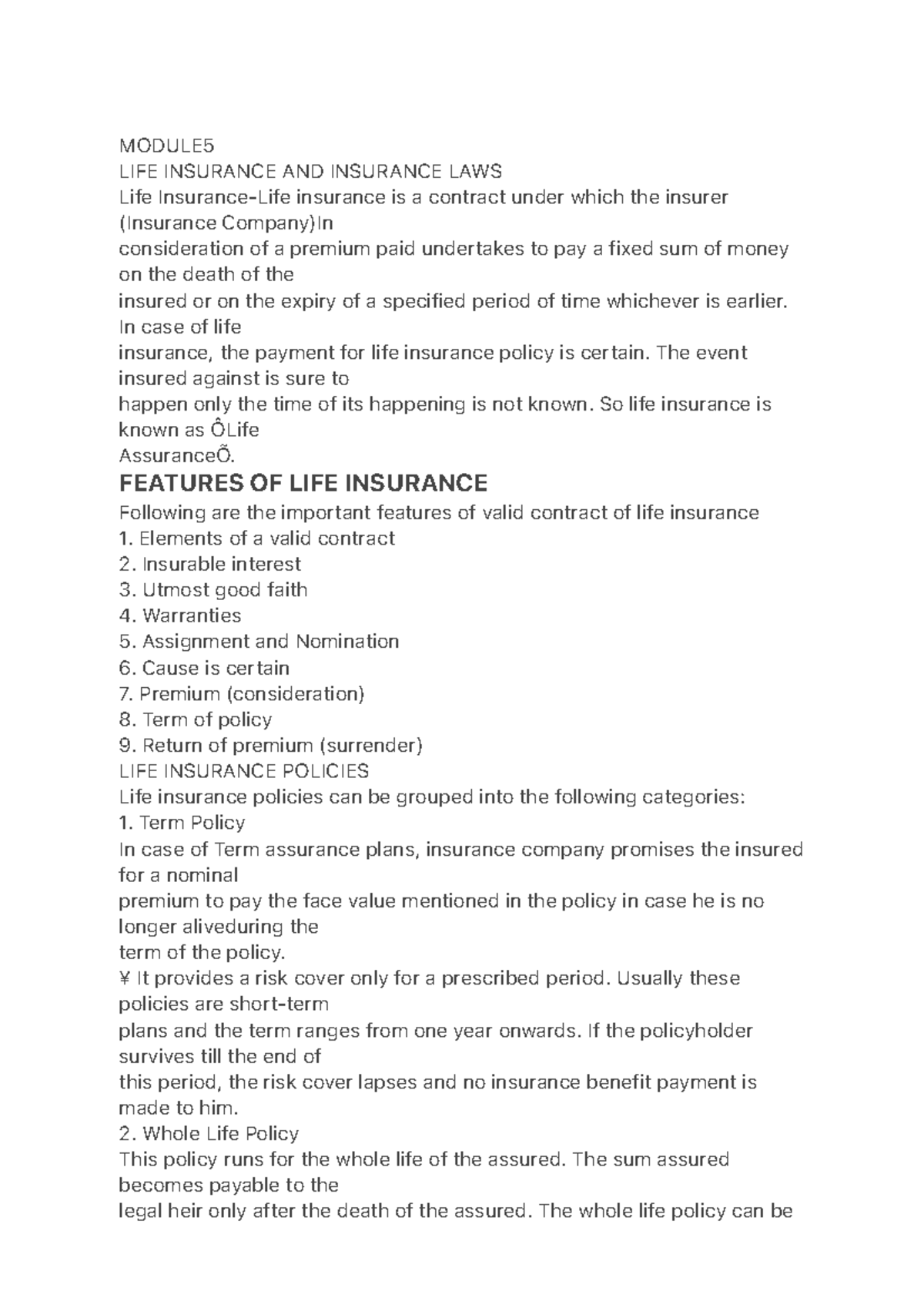 Module 5 - MODULE LIFE INSURANCE AND INSURANCE LAWS Life Insurance-Life ...