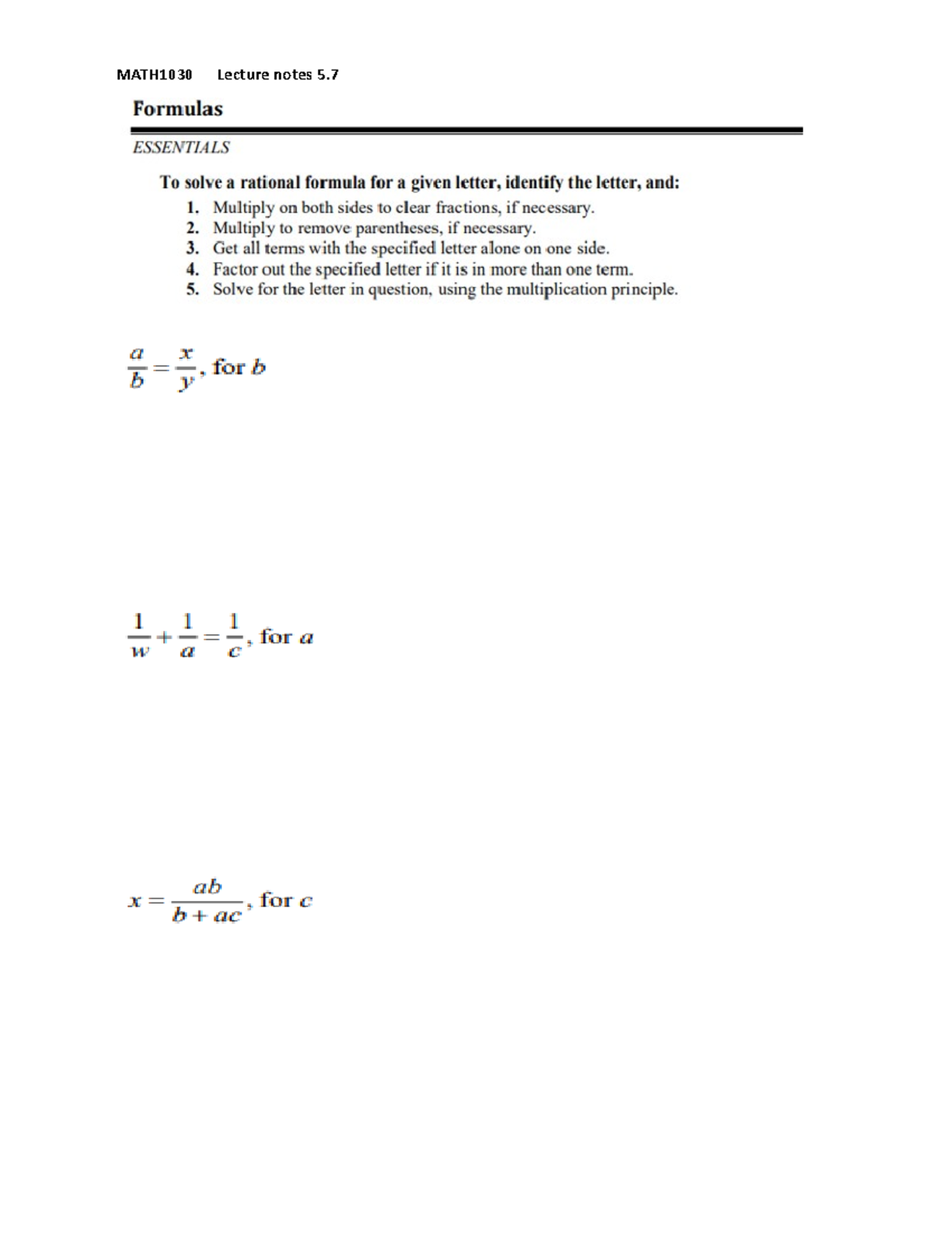 5.7 Lecture Notes - solve literal equations - Formulas - MATH 1040 ...