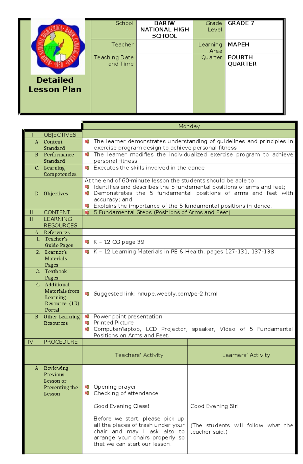 Grade-7-PE - Aend - Detailed Lesson Plan School BARIW NATIONAL HIGH ...