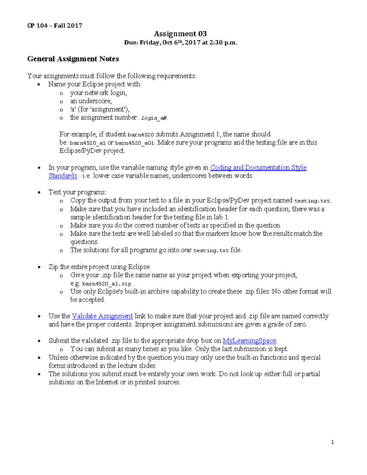 Assng 03 Fall17 - assignment - Assignment 03 Due: Friday, Oct 6th, 2017 at 2:30 p. General - Studocu