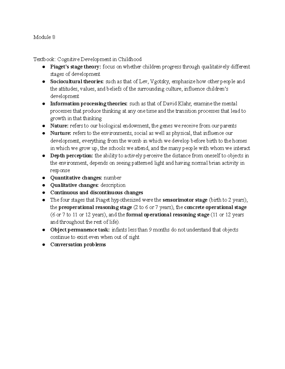 Module 8 - Module 8 Textbook: Cognitive Development in Childhood Piaget ...