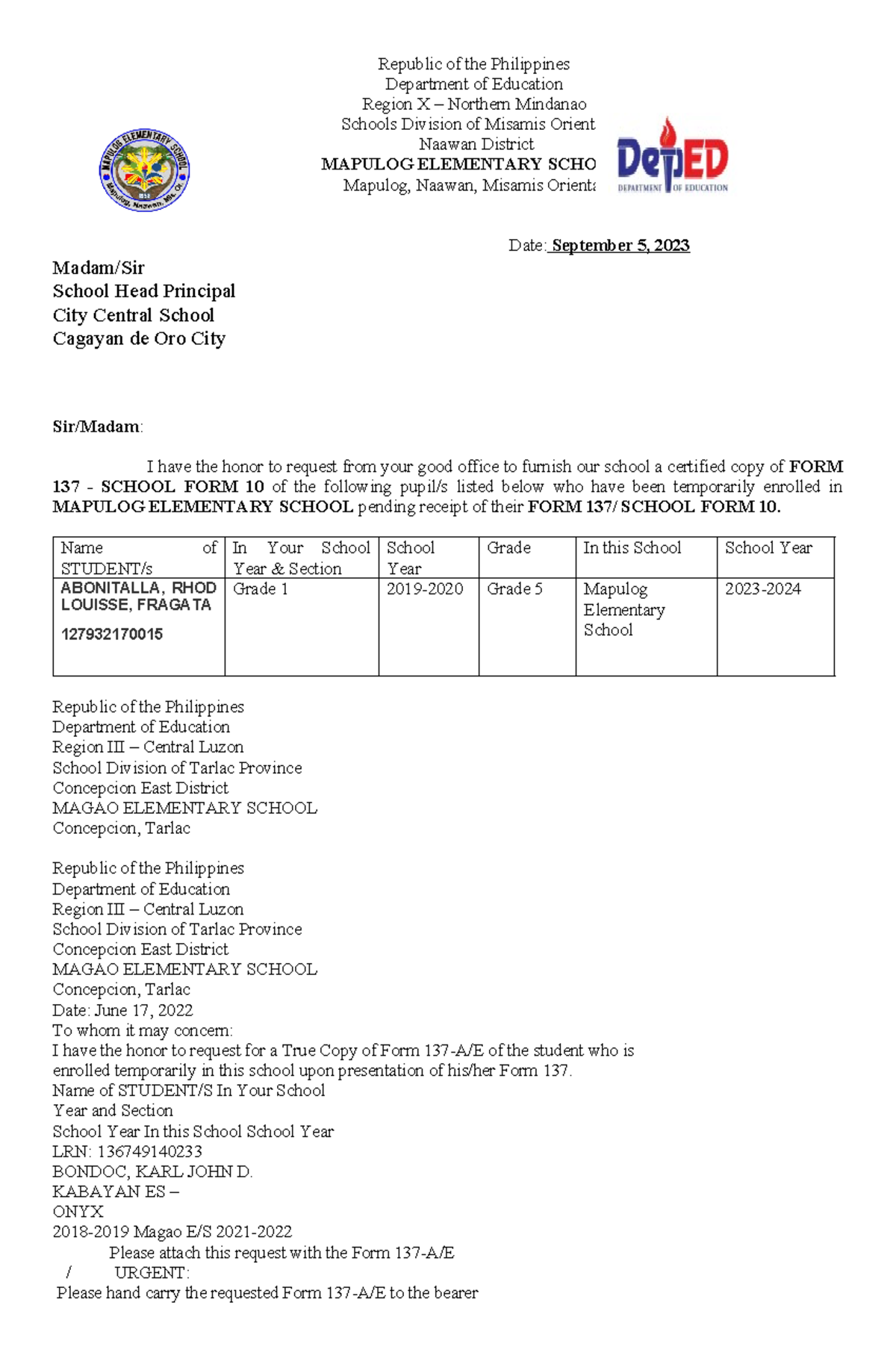 FORM-137- Request - Republic of the Philippines Department of Education ...