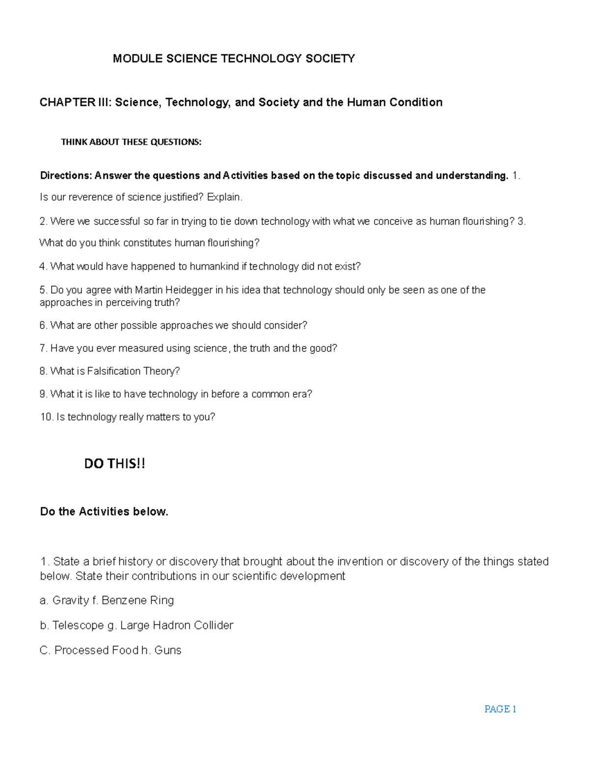 Chapter III Activities - MODULE SCIENCE TECHNOLOGY SOCIETY CHAPTER III ...