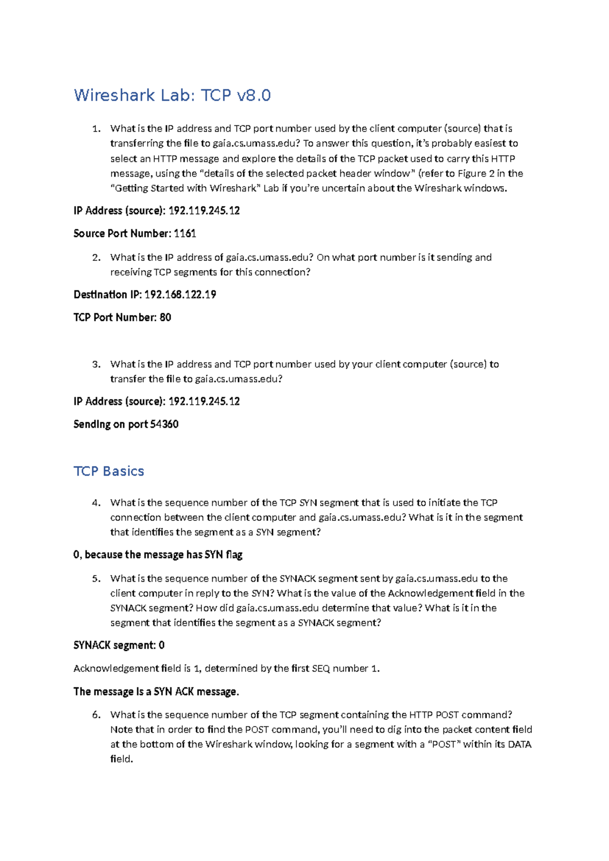 Wireshark Lab W6 Wireshark Lab Tcp V8 1 What Is The Ip Address And Tcp Port Number Used By