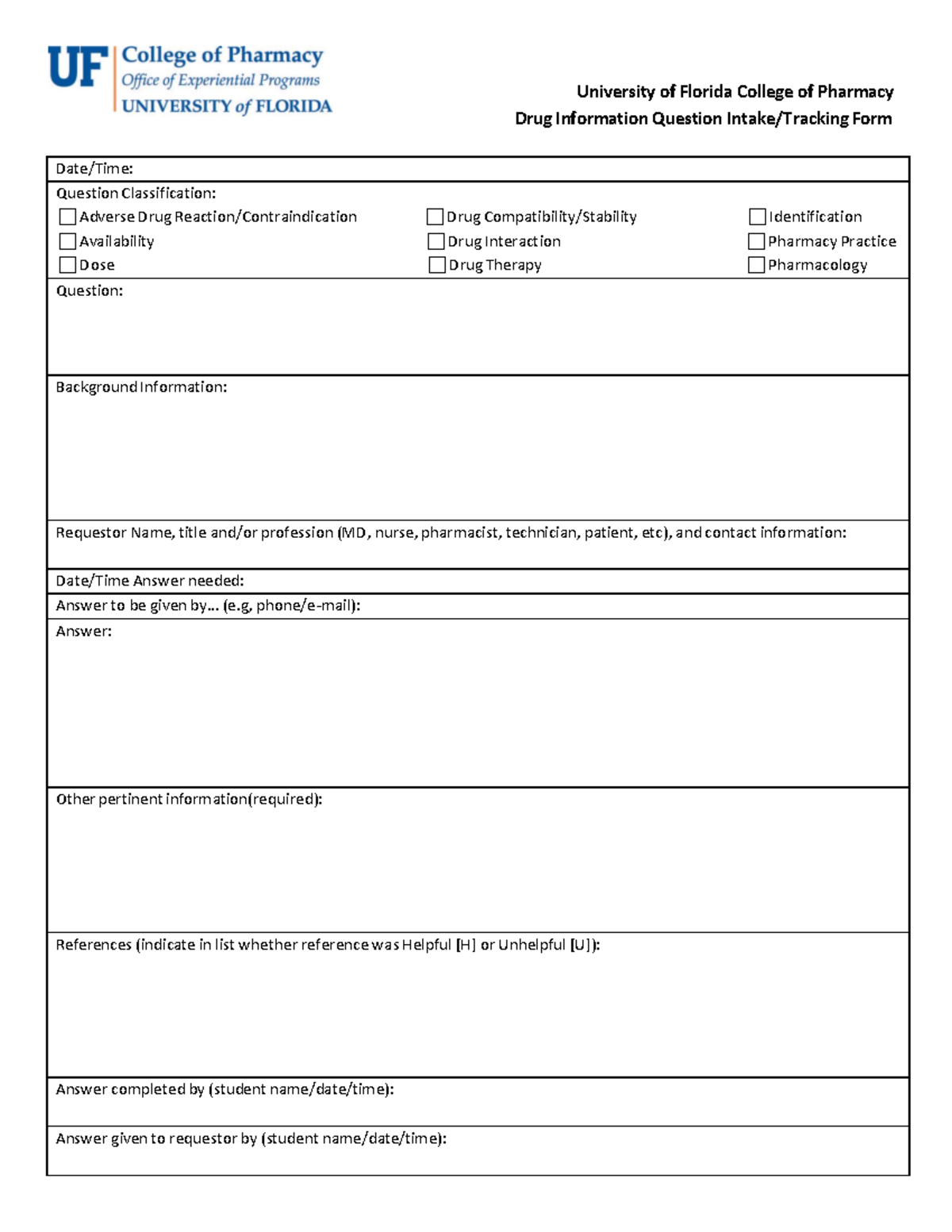 Drug Information Question Intake Form1 - University of Florida College ...